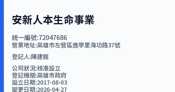 安新人本生命事業的照片-統編 72047686(高雄市) 公司登記資料與營業項目詳細圖表