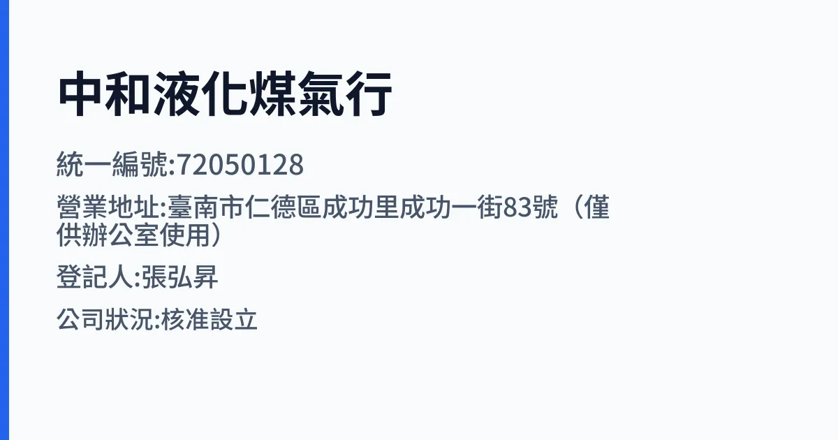 中和液化煤氣行 - 統編 72050128(臺南市) 公司登記資料與營業項目詳細圖表