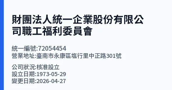 財團法人統一企業股份有限公司職工福利委員會的照片-統編 72054454(臺南市) 公司登記資料與營業項目詳細圖表