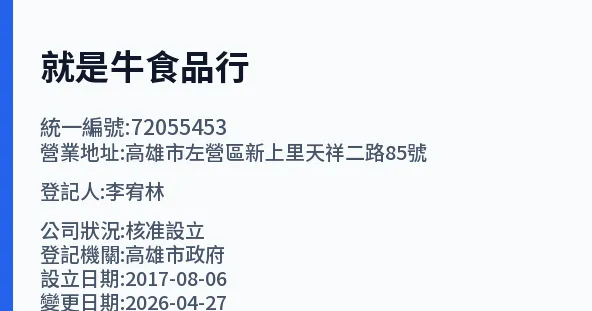 就是牛食品行的照片-統編 72055453(高雄市) 公司登記資料與營業項目詳細圖表