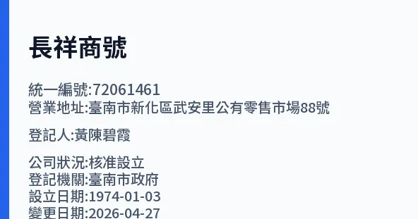 長祥商號的照片-統編 72061461(臺南市) 公司登記資料與營業項目詳細圖表