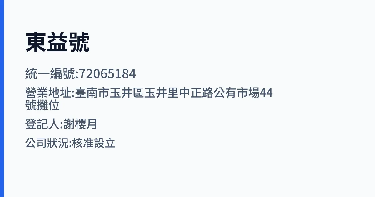 東益號 - 統編 72065184(臺南市) 公司登記資料與營業項目詳細圖表