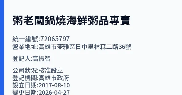 粥老闆鍋燒海鮮粥品專賣的照片-統編 72065797(高雄市) 公司登記資料與營業項目詳細圖表