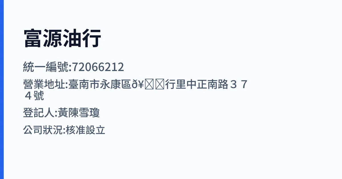 富源油行 - 統編 72066212(臺南市) 公司登記資料與營業項目詳細圖表