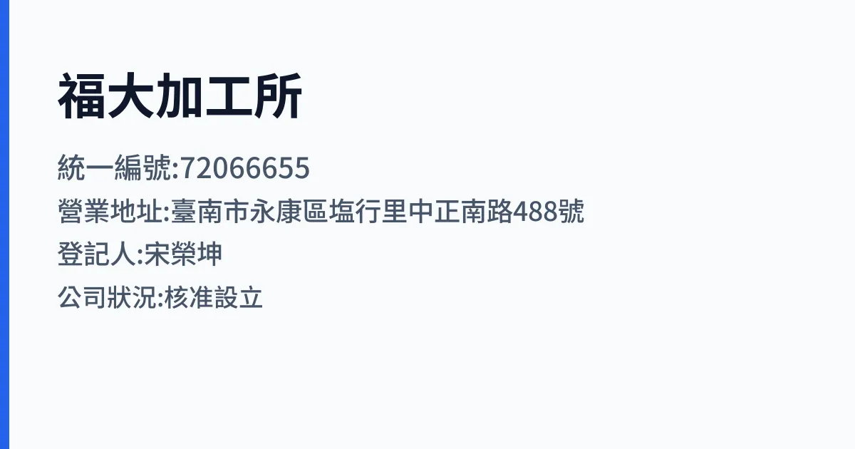 福大加工所 - 統編 72066655(臺南市) 公司登記資料與營業項目詳細圖表