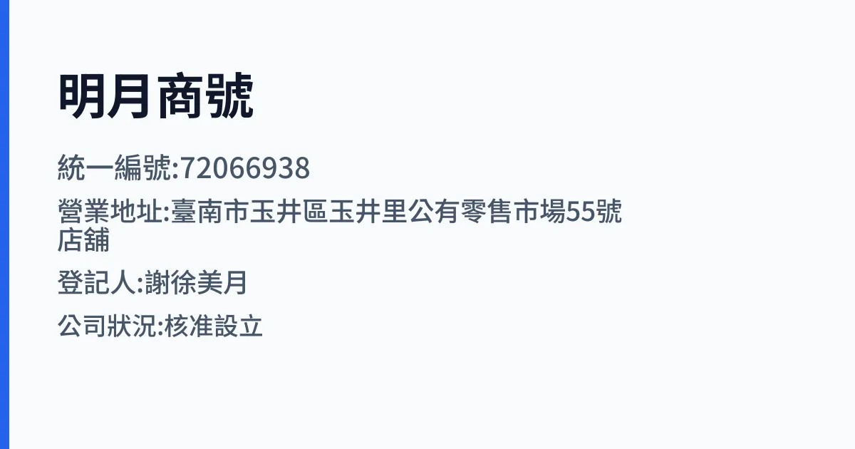 明月商號 - 統編 72066938(臺南市) 公司登記資料與營業項目詳細圖表