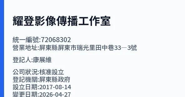耀登影像傳播工作室的照片-統編 72068302(屏東縣) 公司登記資料與營業項目詳細圖表