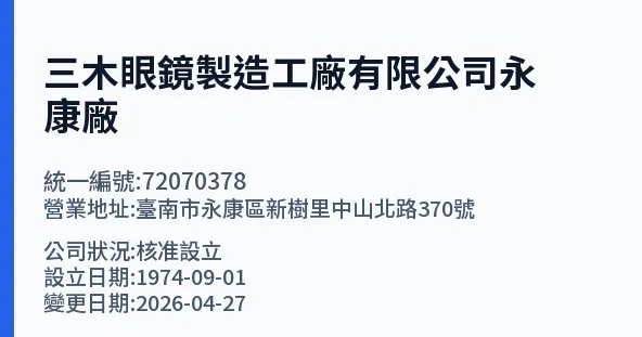 三木眼鏡製造工廠有限公司永康廠的照片-統編 72070378(臺南市) 公司登記資料與營業項目詳細圖表