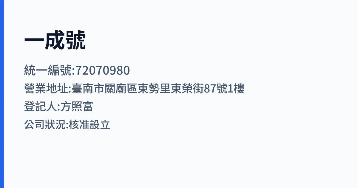 一成號 - 統編 72070980(臺南市) 公司登記資料與營業項目詳細圖表