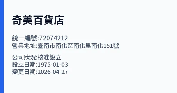 奇美百貨店的照片-統編 72074212(臺南市) 公司登記資料與營業項目詳細圖表