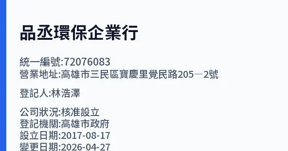 品丞環保企業行的照片-統編 72076083(高雄市) 公司登記資料與營業項目詳細圖表