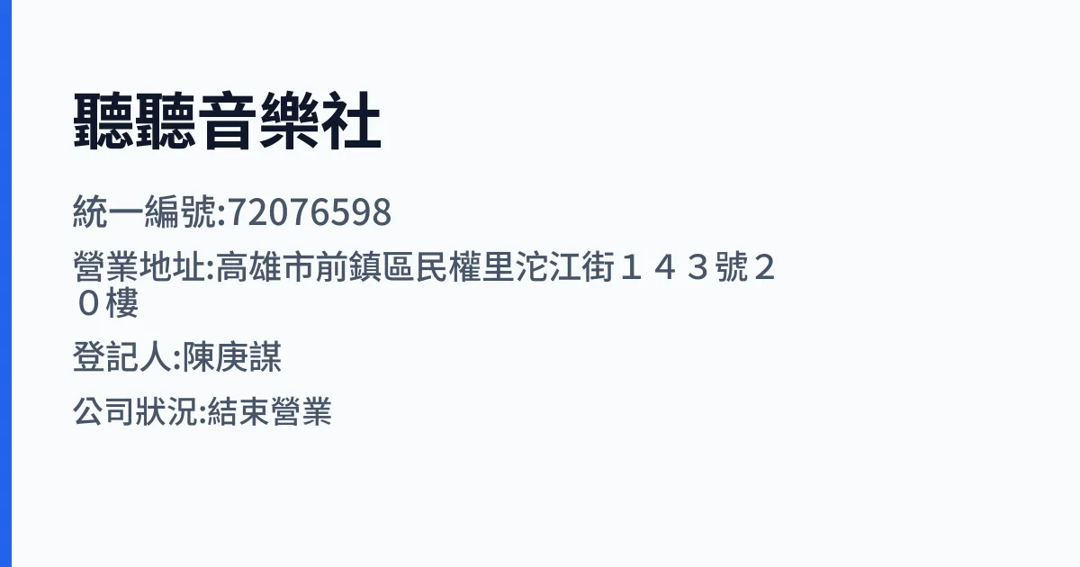 聽聽音樂社 - 統編 72076598(高雄市) 公司登記資料與營業項目詳細圖表