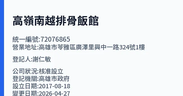 高嶺南越排骨飯館的照片-統編 72076865(高雄市) 公司登記資料與營業項目詳細圖表