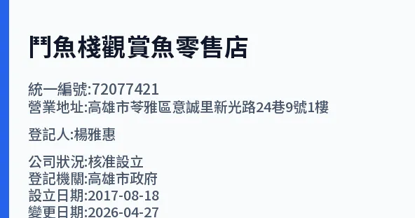 鬥魚棧觀賞魚零售店的照片-統編 72077421(高雄市) 公司登記資料與營業項目詳細圖表