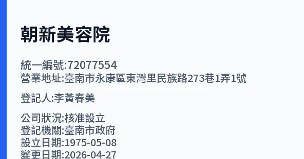 朝新美容院的照片-統編 72077554(臺南市) 公司登記資料與營業項目詳細圖表
