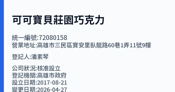 可可寶貝莊園巧克力的照片-統編 72080158(高雄市) 公司登記資料與營業項目詳細圖表
