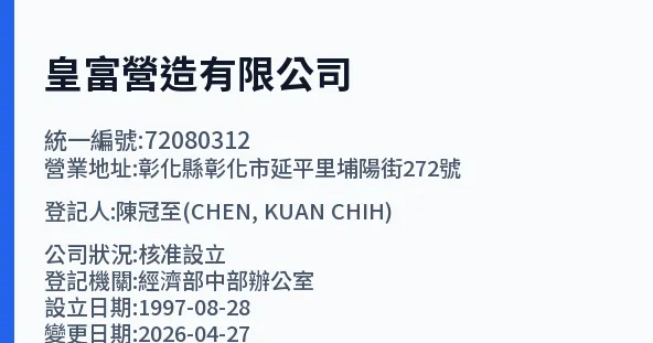 皇富營造有限公司的照片-統編 72080312(彰化縣) 公司登記資料與營業項目詳細圖表