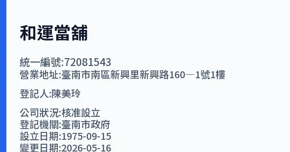 和運當舖的照片-統編 72081543(臺南市) 公司登記資料與營業項目詳細圖表
