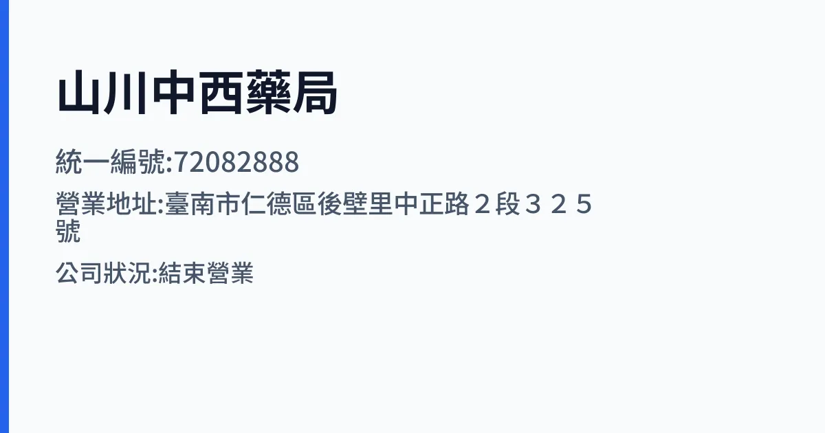 山川中西藥局 - 統編 72082888(臺南市) 公司登記資料與營業項目詳細圖表