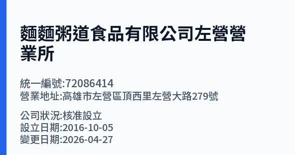 麵麵粥道食品有限公司左營營業所的照片-統編 72086414(高雄市) 公司登記資料與營業項目詳細圖表