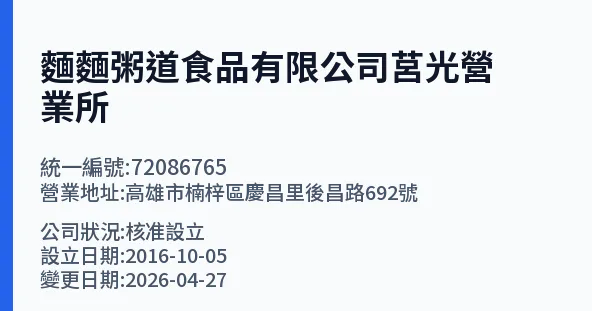 麵麵粥道食品有限公司莒光營業所的照片-統編 72086765(高雄市) 公司登記資料與營業項目詳細圖表