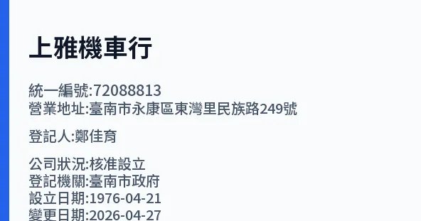 上雅機車行的照片-統編 72088813(臺南市) 公司登記資料與營業項目詳細圖表