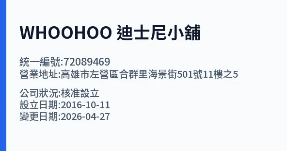 WHOOHOO 迪士尼小舖的照片-統編 72089469(高雄市) 公司登記資料與營業項目詳細圖表