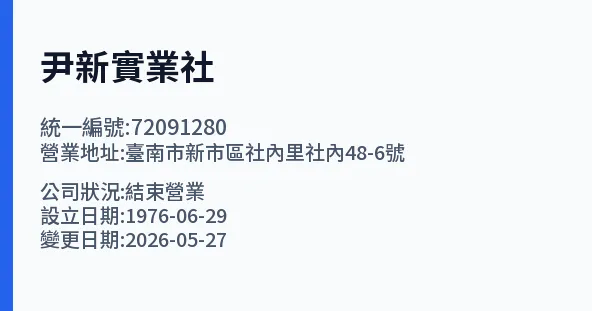 尹新實業社的照片-統編 72091280(臺南市) 公司登記資料與營業項目詳細圖表