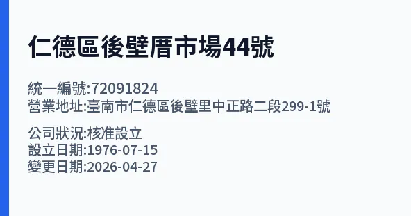 仁德區後壁厝市場44號的照片-統編 72091824(臺南市) 公司登記資料與營業項目詳細圖表