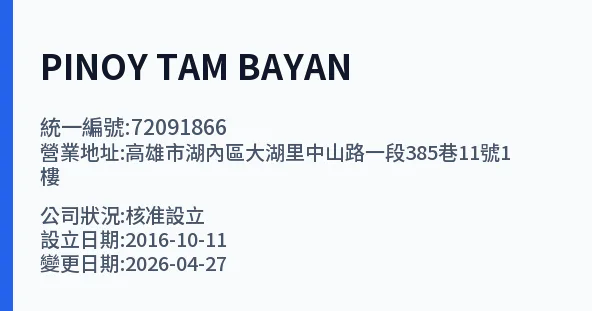 PINOY TAM BAYAN的照片-統編 72091866(高雄市) 公司登記資料與營業項目詳細圖表