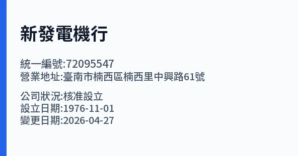 新發電機行的照片-統編 72095547(臺南市) 公司登記資料與營業項目詳細圖表