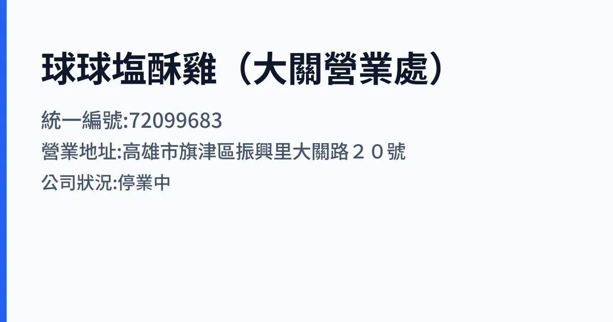 球球塩酥雞（大關營業處） - 統編 72099683(高雄市) 公司登記資料與營業項目詳細圖表