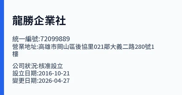 龍勝企業社的照片-統編 72099889(高雄市) 公司登記資料與營業項目詳細圖表