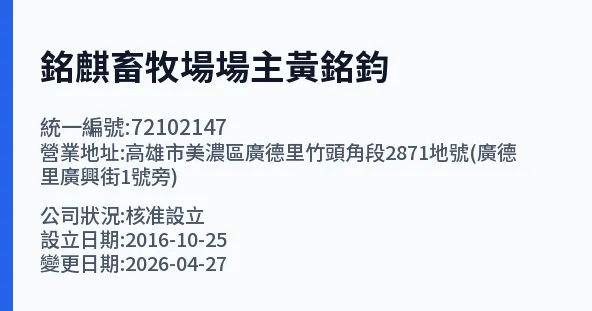 銘麒畜牧場場主黃銘鈞的照片-統編 72102147(高雄市) 公司登記資料與營業項目詳細圖表