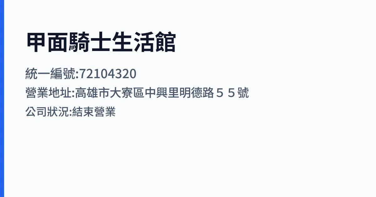 甲面騎士生活館 - 統編 72104320(高雄市) 公司登記資料與營業項目詳細圖表