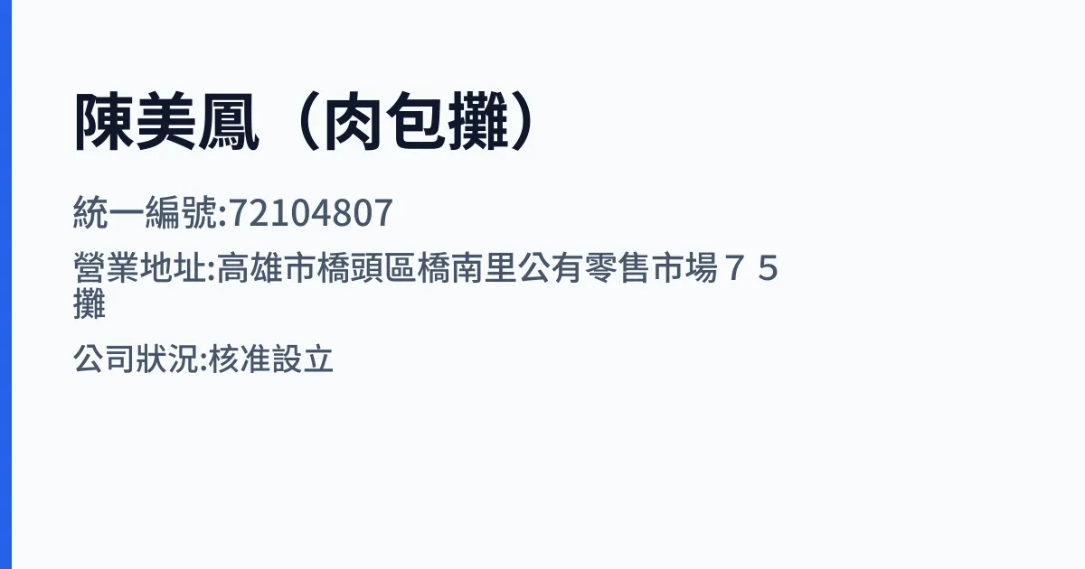 陳美鳳（肉包攤） - 統編 72104807(高雄市) 公司登記資料與營業項目詳細圖表