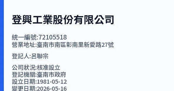 登興工業股份有限公司的照片-統編 72105518(臺南市) 公司登記資料與營業項目詳細圖表