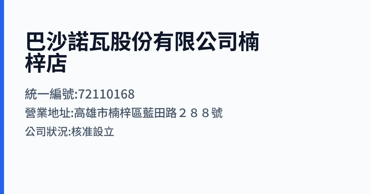 巴沙諾瓦股份有限公司楠梓店 - 統編 72110168(高雄市) 公司登記資料與營業項目詳細圖表