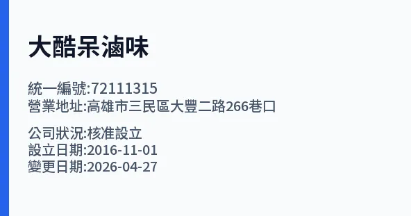 大酷呆滷味的照片-統編 72111315(高雄市) 公司登記資料與營業項目詳細圖表