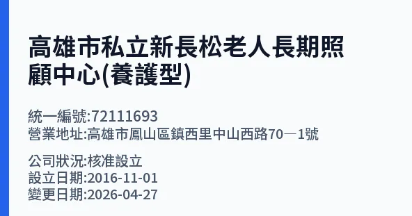 高雄市私立新長松老人長期照顧中心(養護型)的照片-統編 72111693(高雄市) 公司登記資料與營業項目詳細圖表