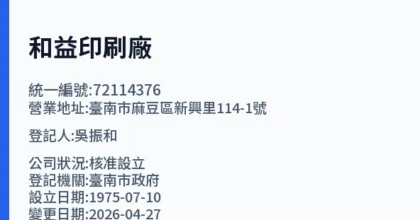 和益印刷廠的照片-統編 72114376(臺南市) 公司登記資料與營業項目詳細圖表