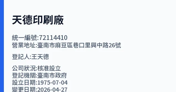天德印刷廠的照片-統編 72114410(臺南市) 公司登記資料與營業項目詳細圖表