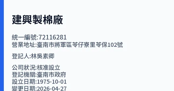 建興製棉廠的照片-統編 72116281(臺南市) 公司登記資料與營業項目詳細圖表