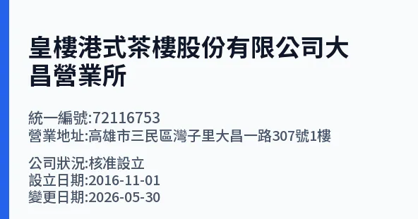 皇樓港式茶樓股份有限公司大昌營業所的照片-統編 72116753(高雄市) 公司登記資料與營業項目詳細圖表