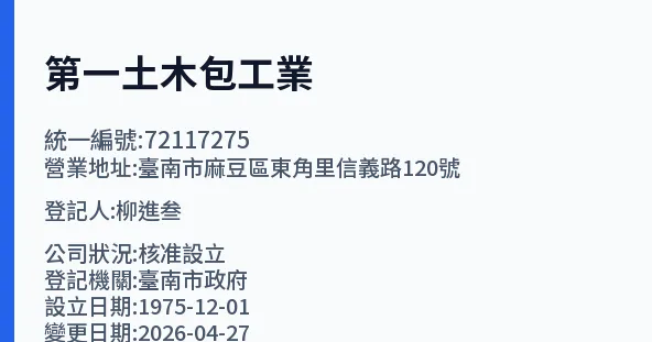 第一土木包工業的照片-統編 72117275(臺南市) 公司登記資料與營業項目詳細圖表