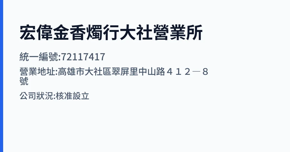 宏偉金香燭行大社營業所 - 統編 72117417(高雄市) 公司登記資料與營業項目詳細圖表