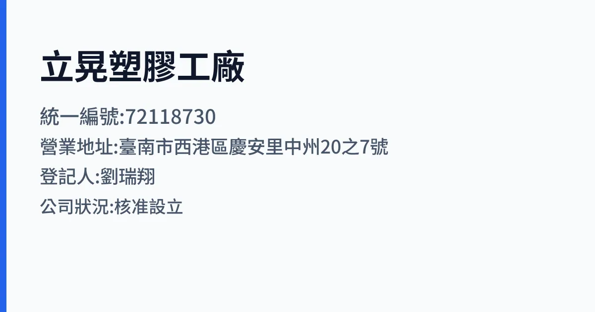 立晃塑膠工廠 - 統編 72118730(臺南市) 公司登記資料與營業項目詳細圖表