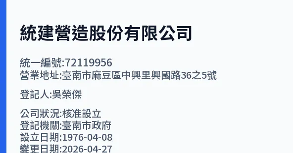 統建營造股份有限公司的照片-統編 72119956(臺南市) 公司登記資料與營業項目詳細圖表