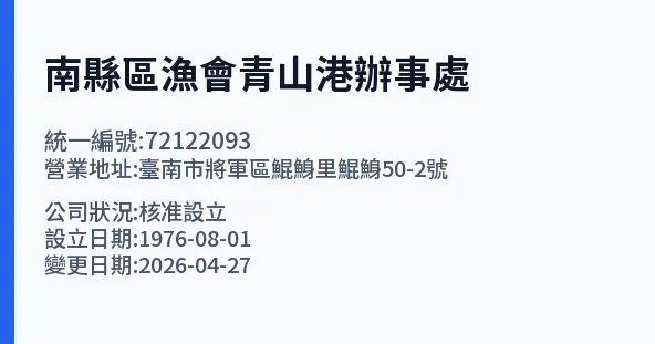 南縣區漁會青山港辦事處的照片-統編 72122093(臺南市) 公司登記資料與營業項目詳細圖表