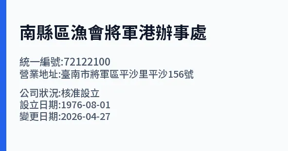 南縣區漁會將軍港辦事處的照片-統編 72122100(臺南市) 公司登記資料與營業項目詳細圖表